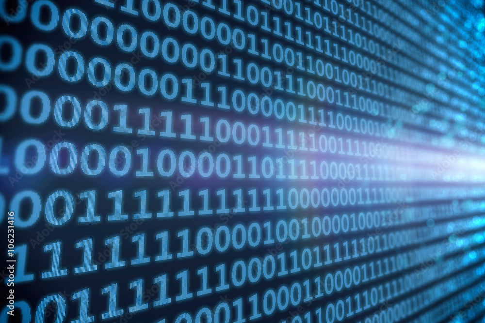 Binärcode in blau auf einem Computerbildschirm mit Bokeh. Stock ...