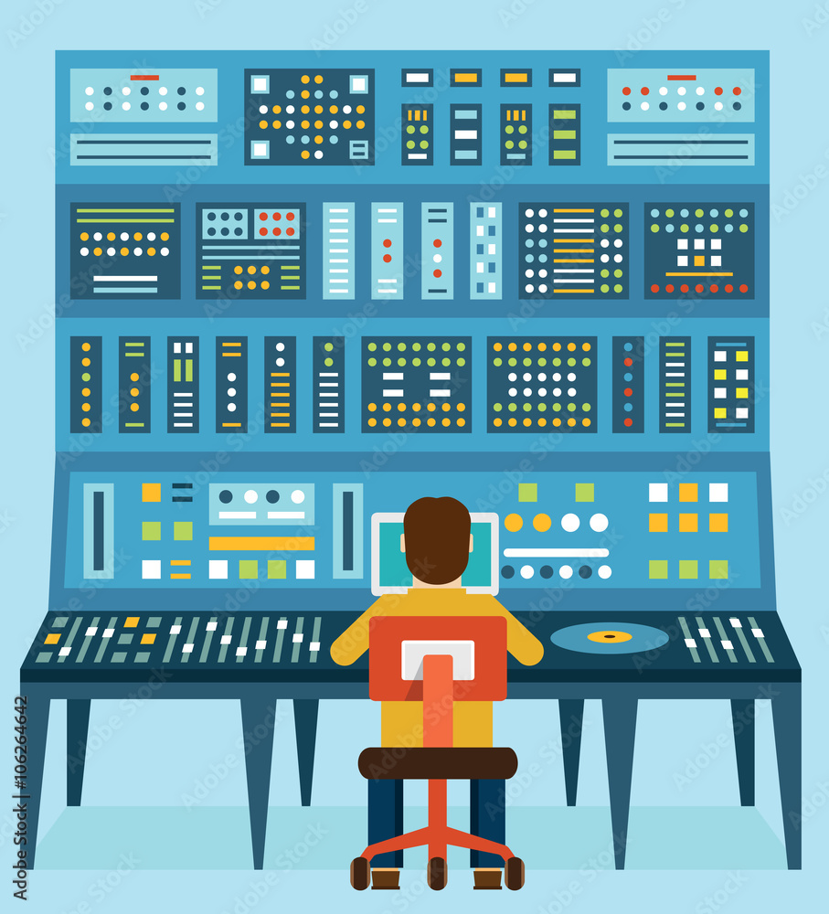 Vector illustration of work place sound engineer's. Mixing console ...