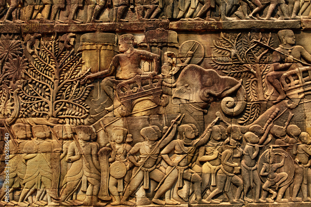 Cambodia Architecture. Bas-relief , Wall Carving Of Prasat Bayon Temple ...