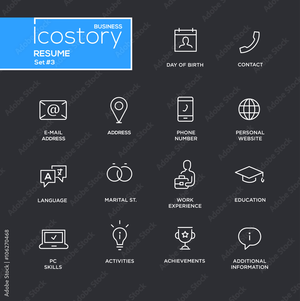Modern resume simple thin line design icons, pictograms set Stock ...