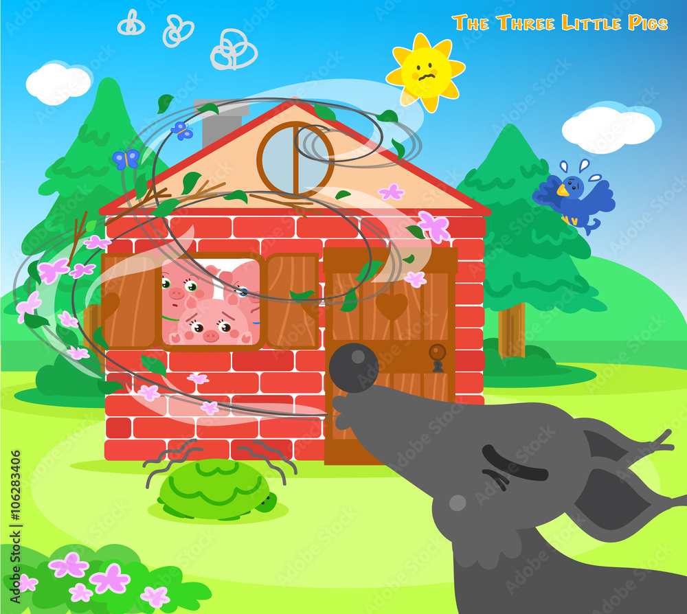 The three little pigs are hiding in the bricks house while the big bad ...