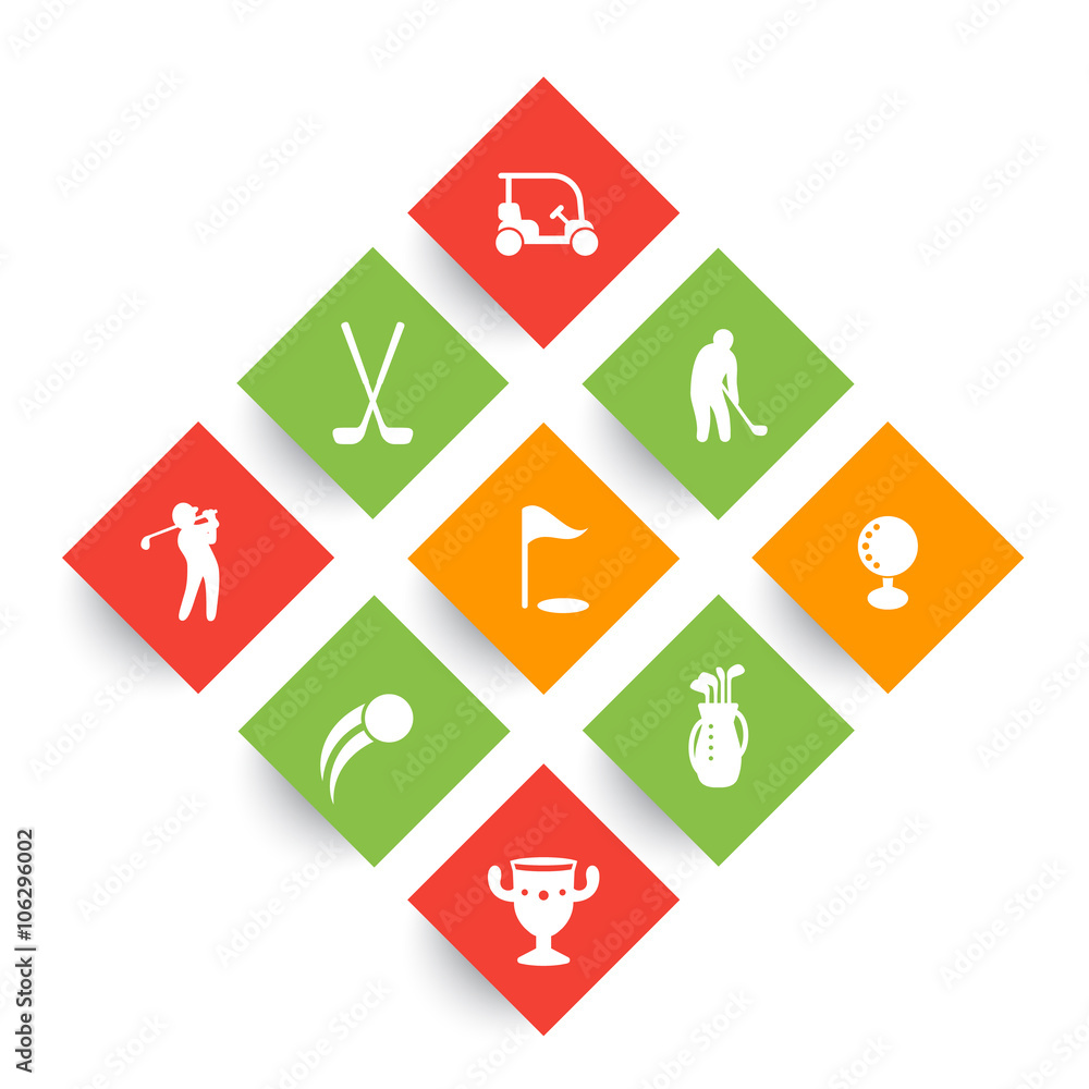 Golf icons, golf clubs, golf player, golfer, golf bag, golf pictograms ...