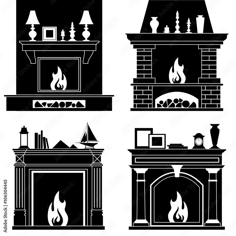 Set of fireplaces silhouettes. Vector illustration. Icons of different ...