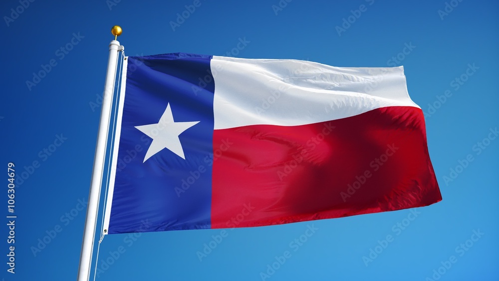 Texas flag waving in slow motion against clean blue sky, seamlessly ...