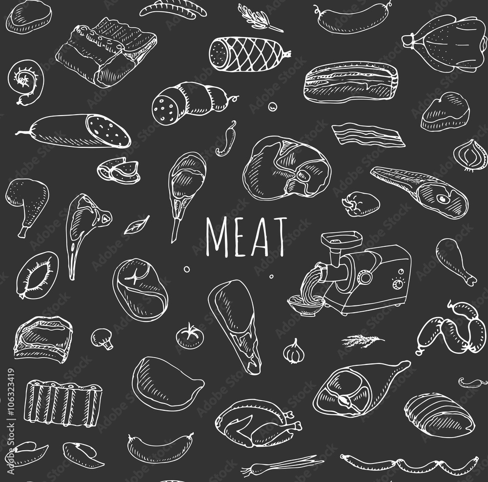 Seamless background hand drawn doodle set of cartoon different kind of ...