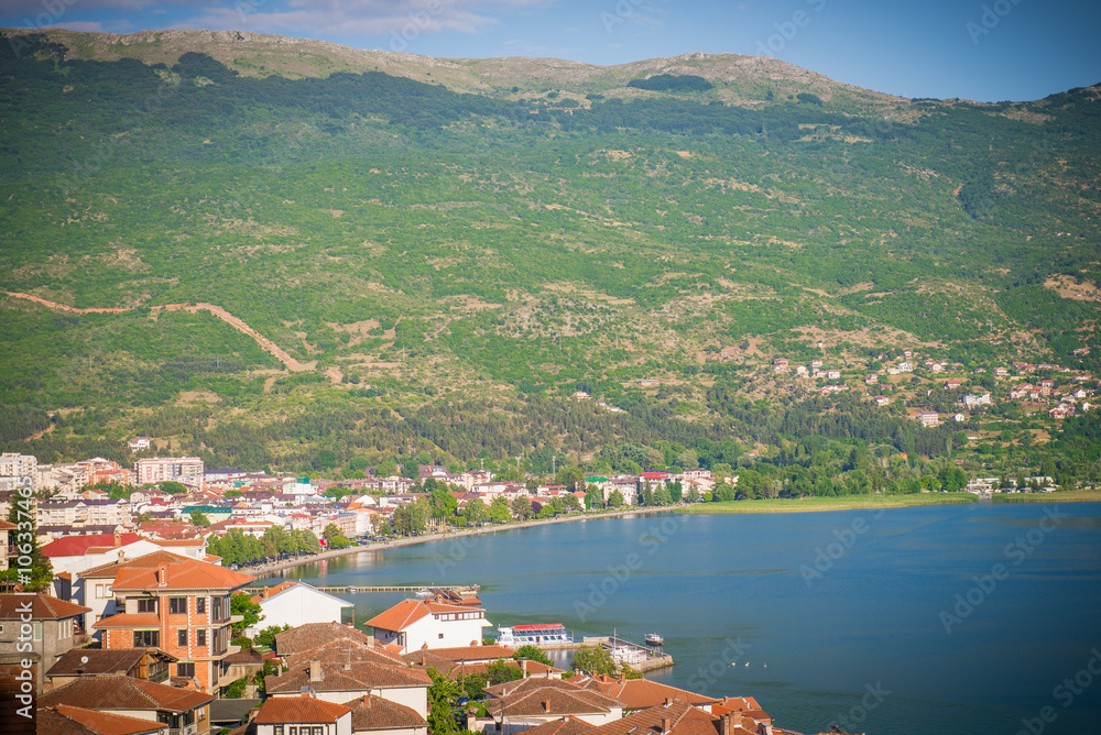 Aerial view of Ohrid Lake, city of Ohrid and mountains in the ...
