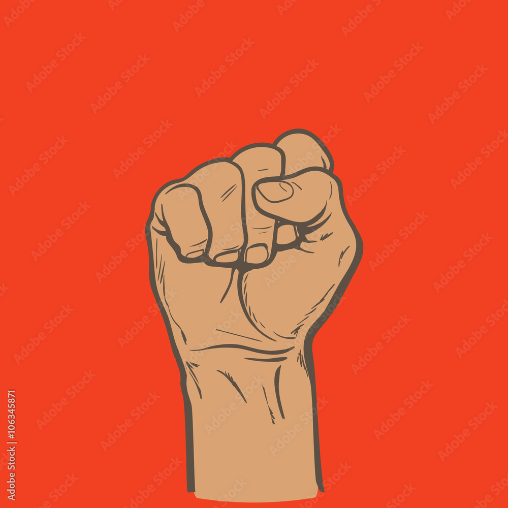 Raised fist. Strong fist on a red background. Mans hand. Male fist ...