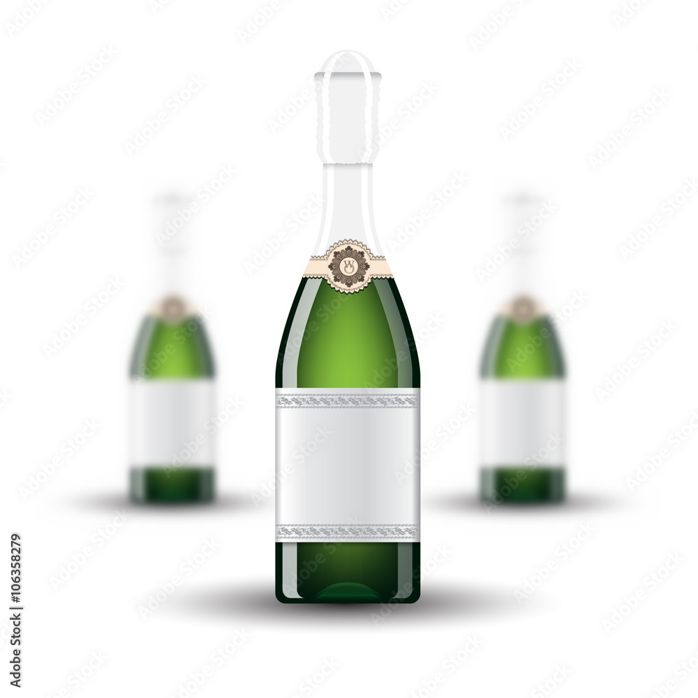 Three realistic mock up green bottle of champagne on white background ...
