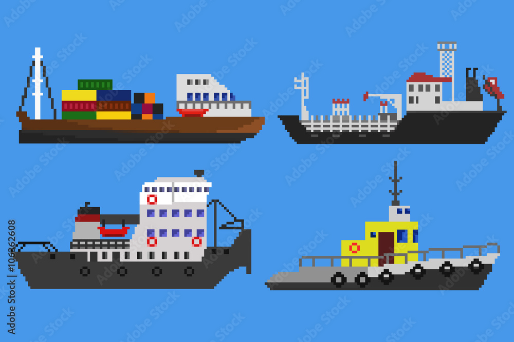 Set of industrial cargo ships and boats. Pixel art vector illustration ...