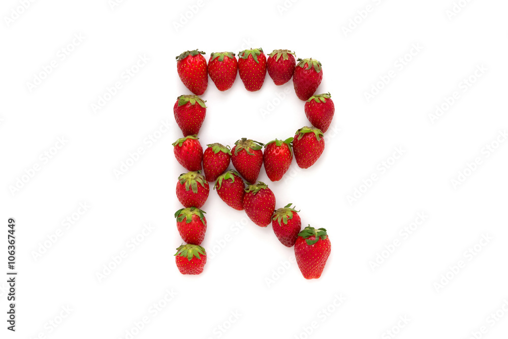 Alphabet "R" , letter from group of strawberries are arranged. Top view ...