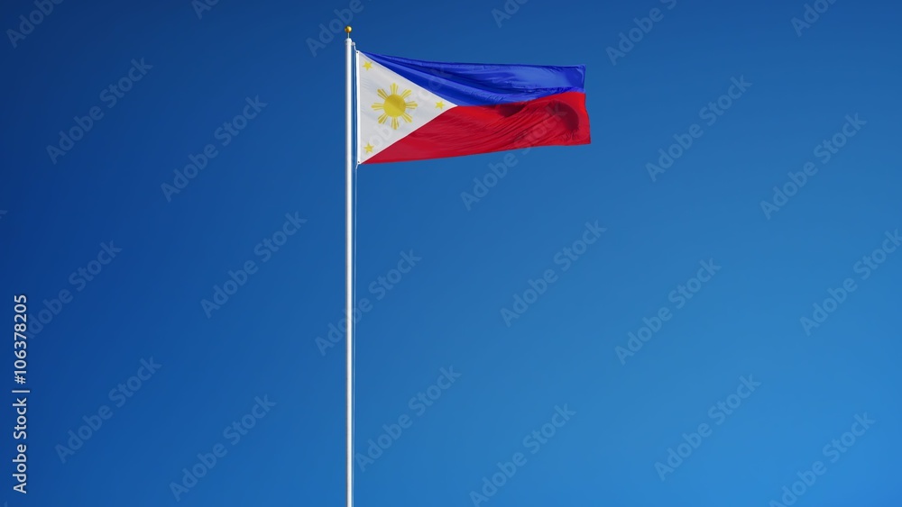 Philippines flag waving in slow motion against clean blue sky ...