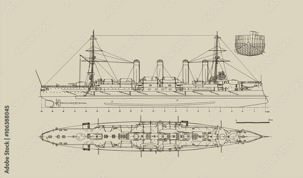 Built in 1903 old armored cruiser on an old technical drawing ...