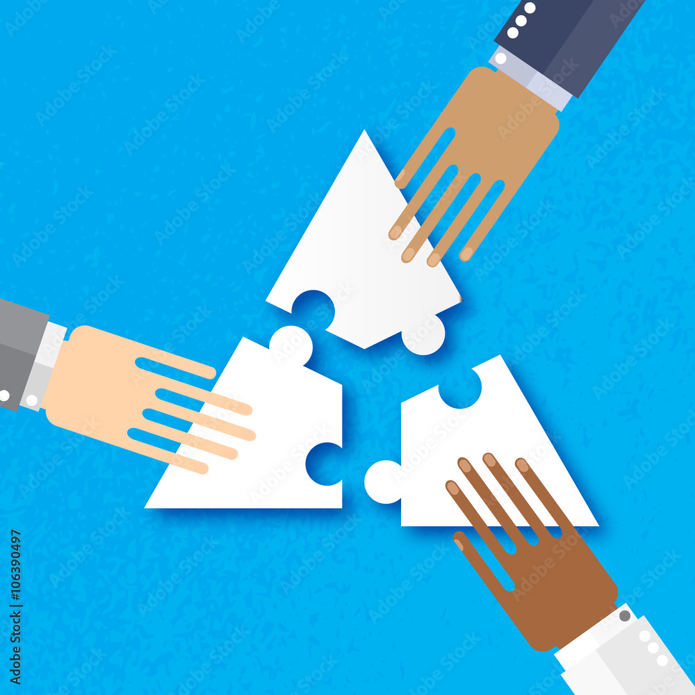 Three hands together team work. Hands of different colors, cultural and ...