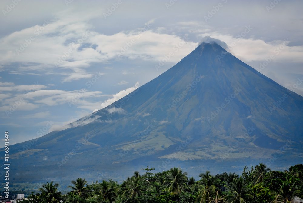 Mayon volcano with clouds around the cone, Legazpi City, Philippines ...