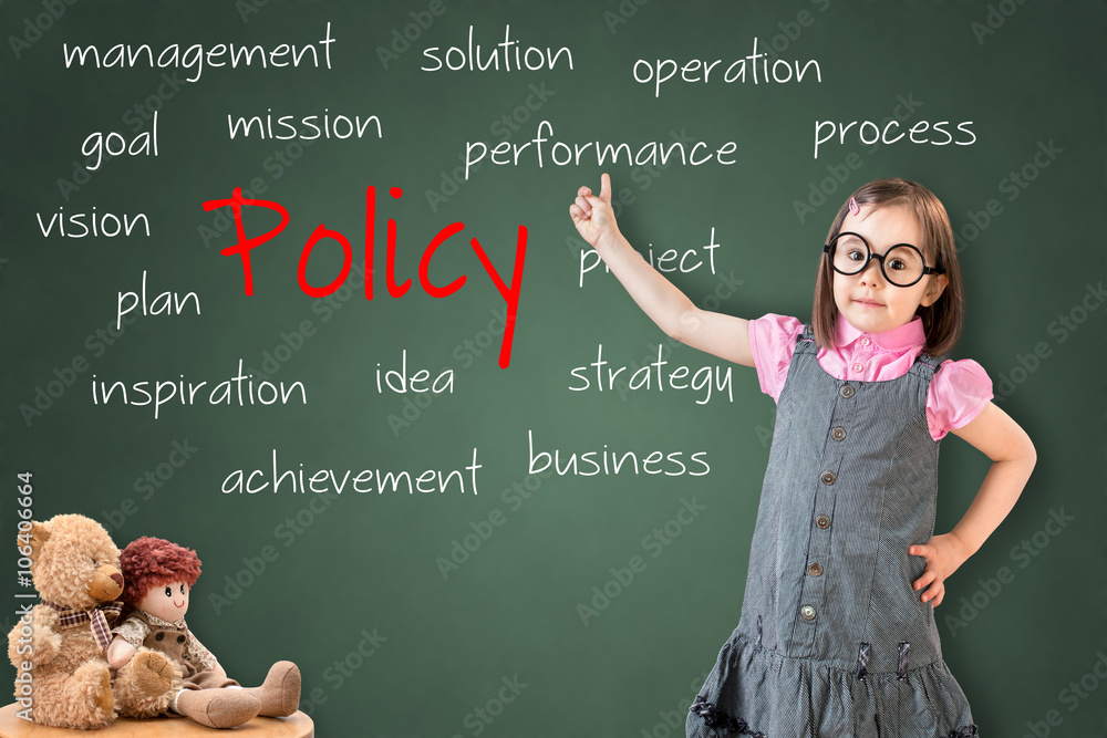 Cute little girl wearing business dress and showing policy concept on ...