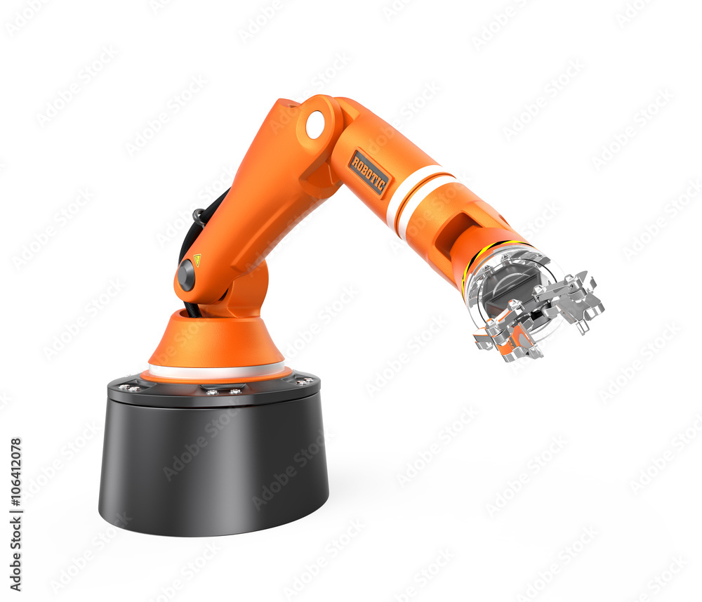 Orange robotic arm isolated on white background. 3D rendering image ...