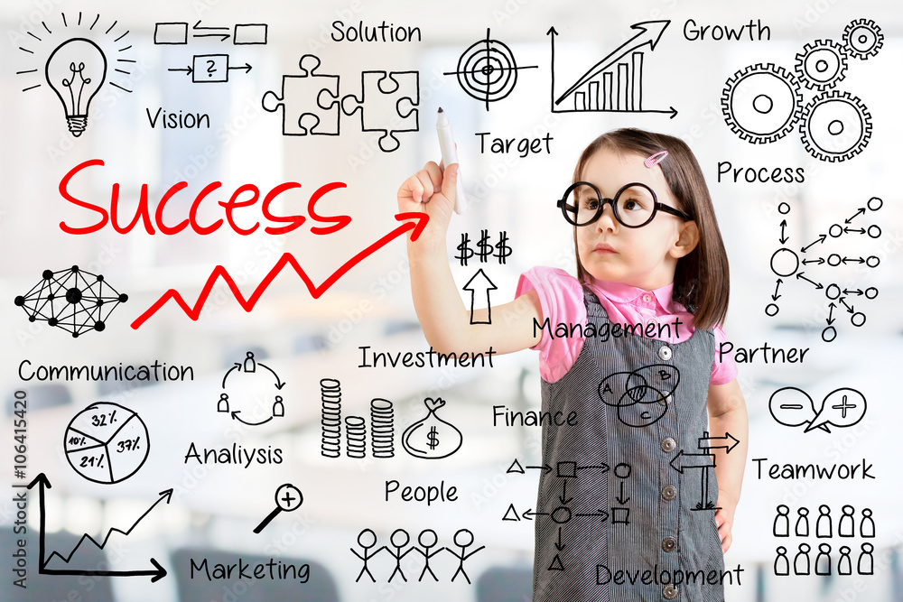 Cute little girl wearing business dress and writing success by many ...