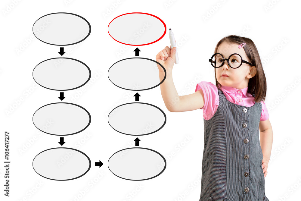 Cute little girl wearing business dress and drawing blank eight stage ...