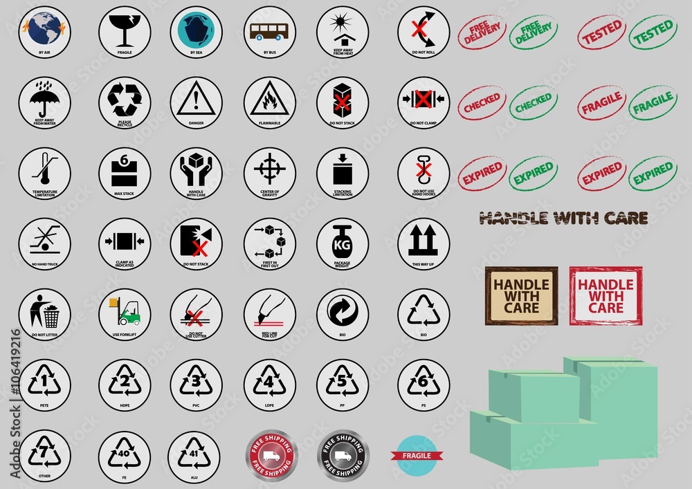 Set Of Packaging Symbols (fragile, handle with care, keep dry, protect ...