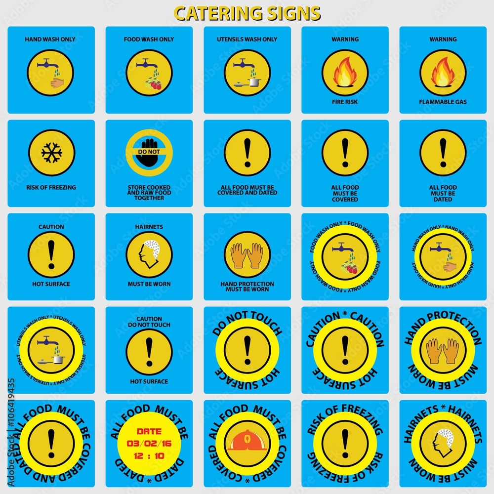 set of mandatory catering signs (food, safety, warning, symbol, fire ...