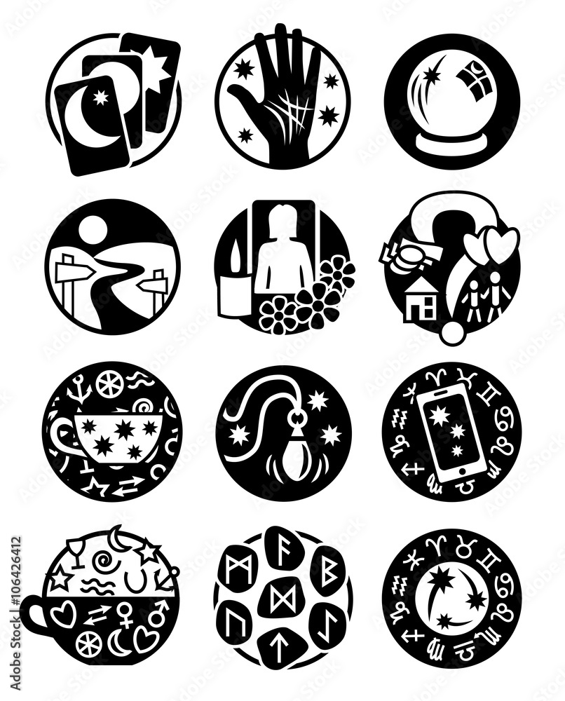 Vecteur Stock Twelve symbols showing different methods of clairvoyance ...