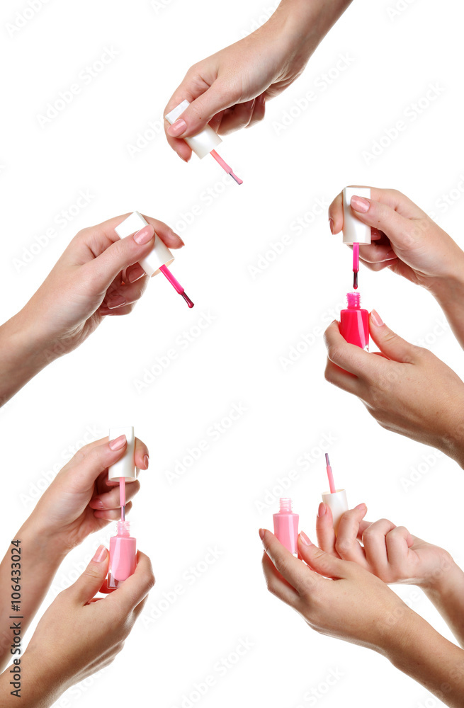 Female hand with nail polish isolated on white, collage Stock Photo ...