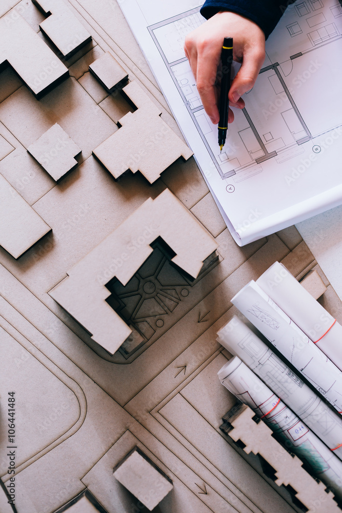 Top view of architect drawing on architectural project Stock Photo ...