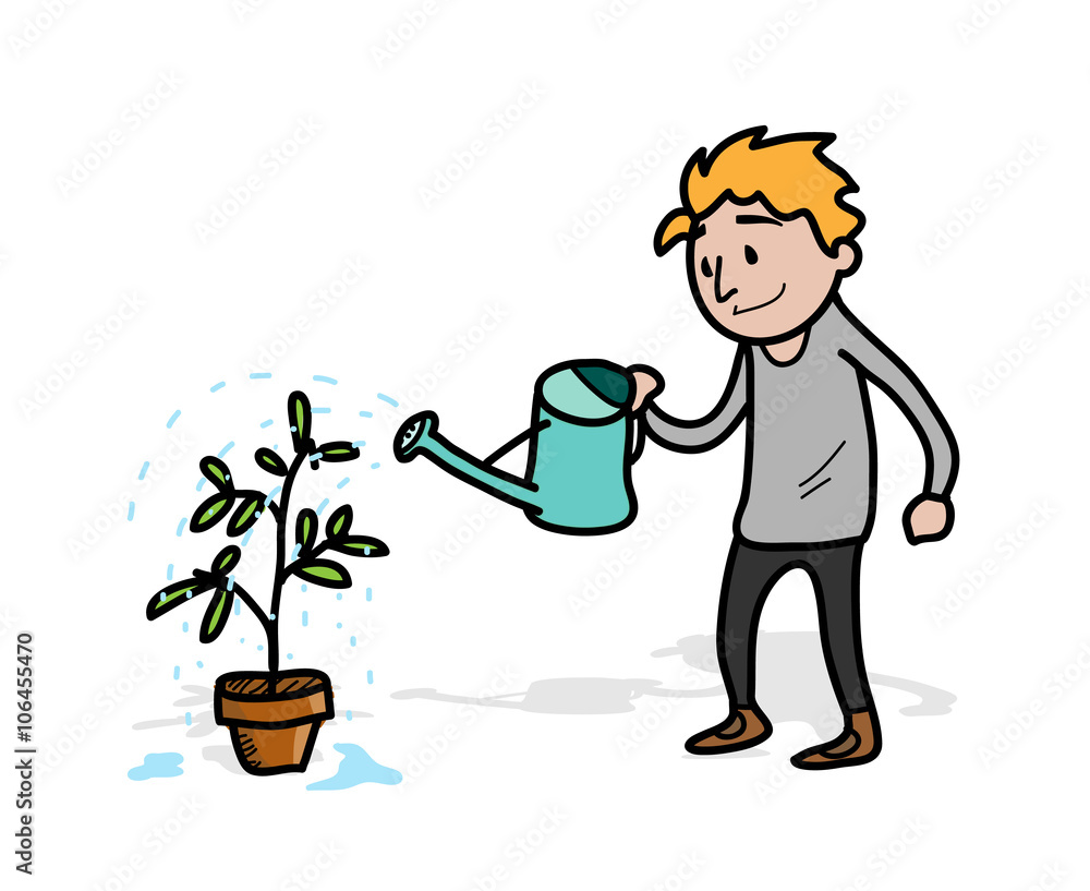 Watering the Vegetation Plant, a hand drawn vector illustration of a ...