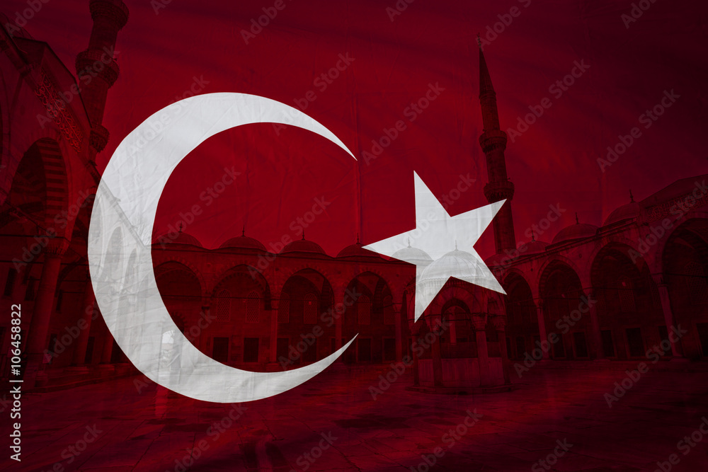 Turkish flag with view of Blue mosque courtyard in Istanbul seen in ...