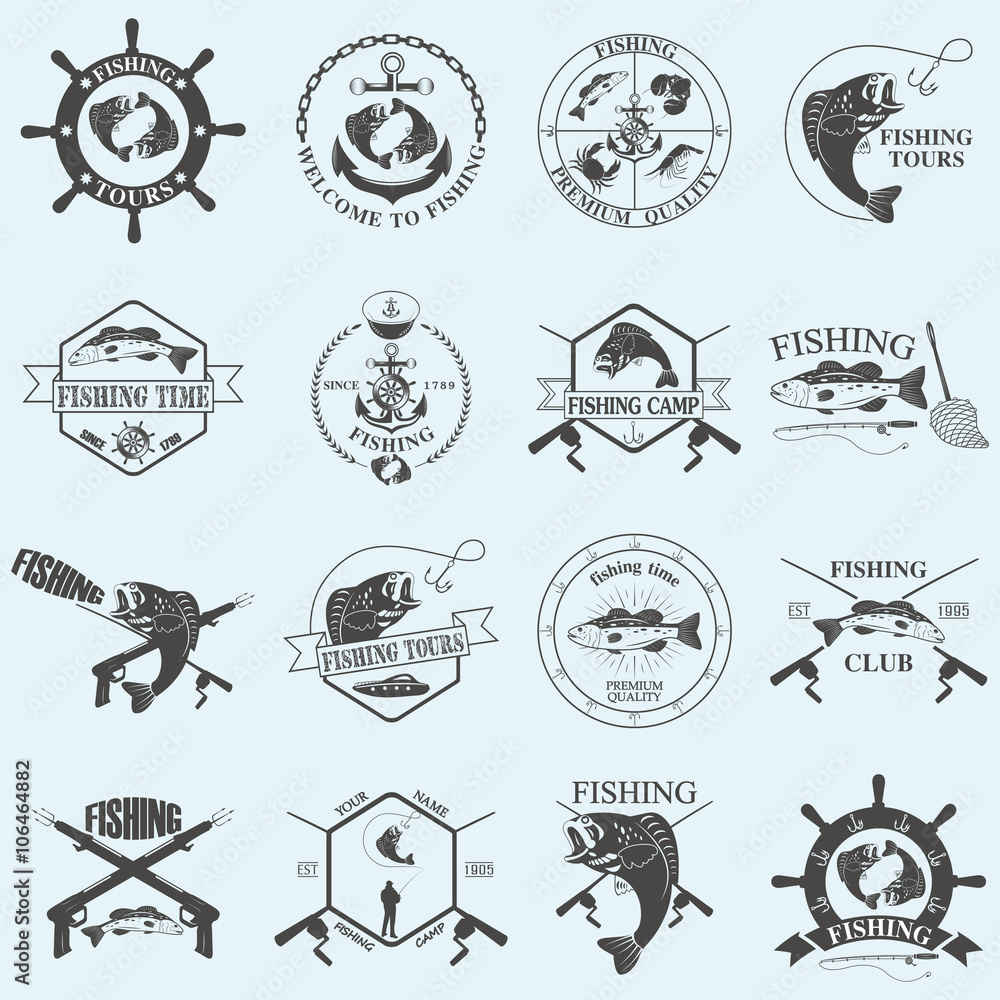 Set of vintage fishing labels, badges and design elements. Stock Vector ...