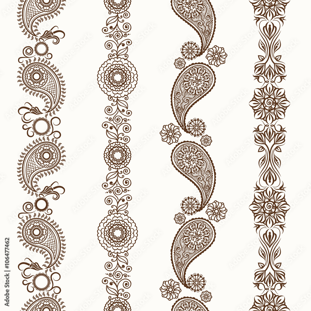 Henna borders. Mehndi ornamental henna seamless borders. Vector ...