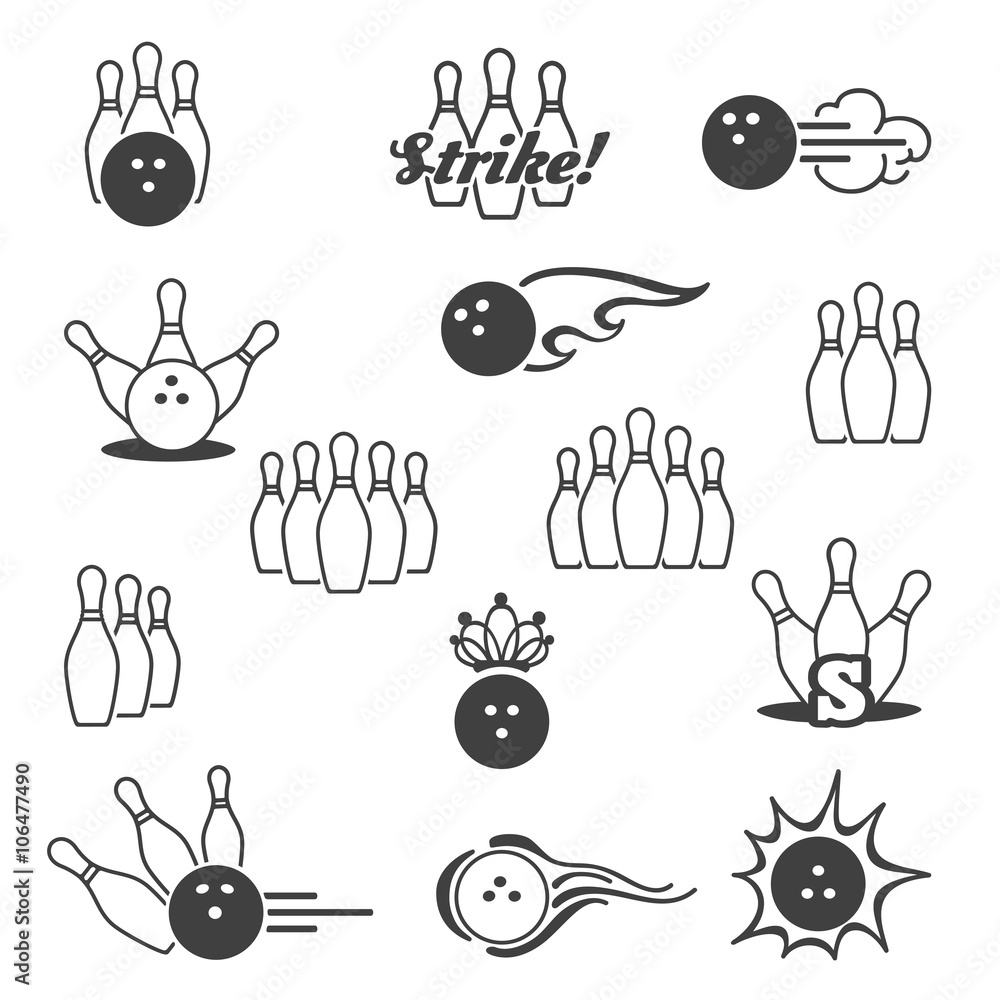 Bowling icons. Bowling signs and bowling pictograms. Vector ...
