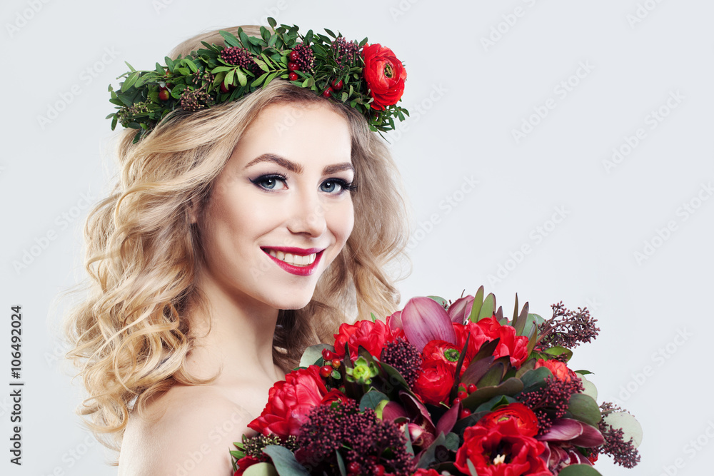 Beautiful Woman Fashion Model with Flowers Bouquet Stock Photo | Adobe ...