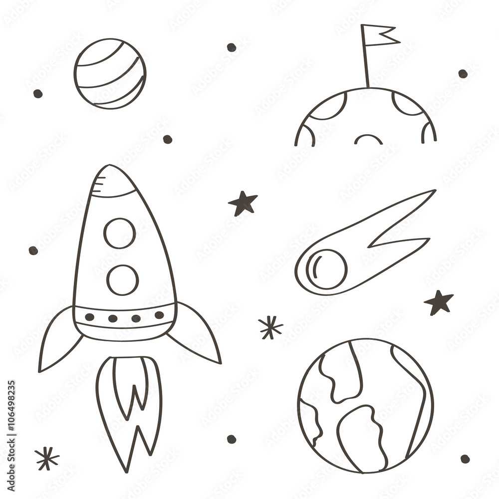 Set of cute monochrome space doodles isolated on white background ...