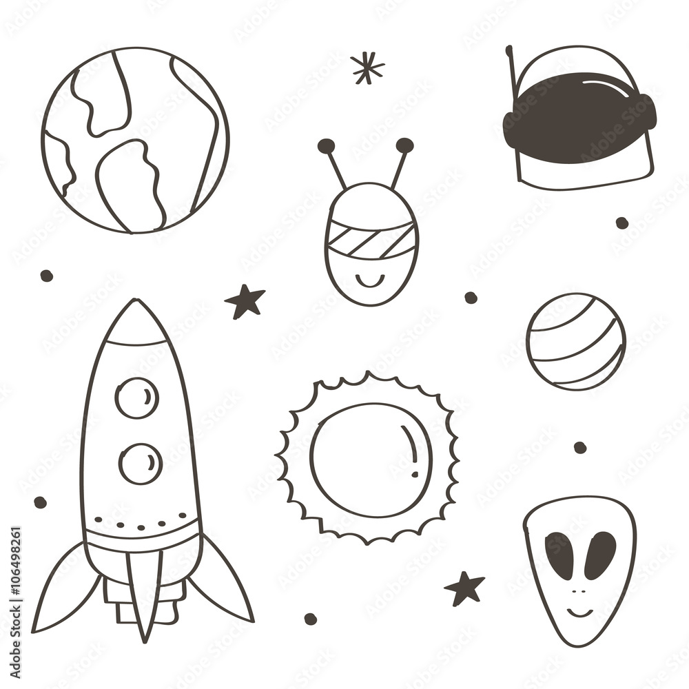 Set of cute monochrome space doodles isolated on white background ...