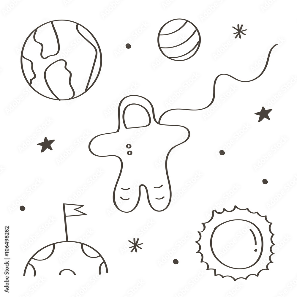 Set of cute monochrome space doodles isolated on white background ...