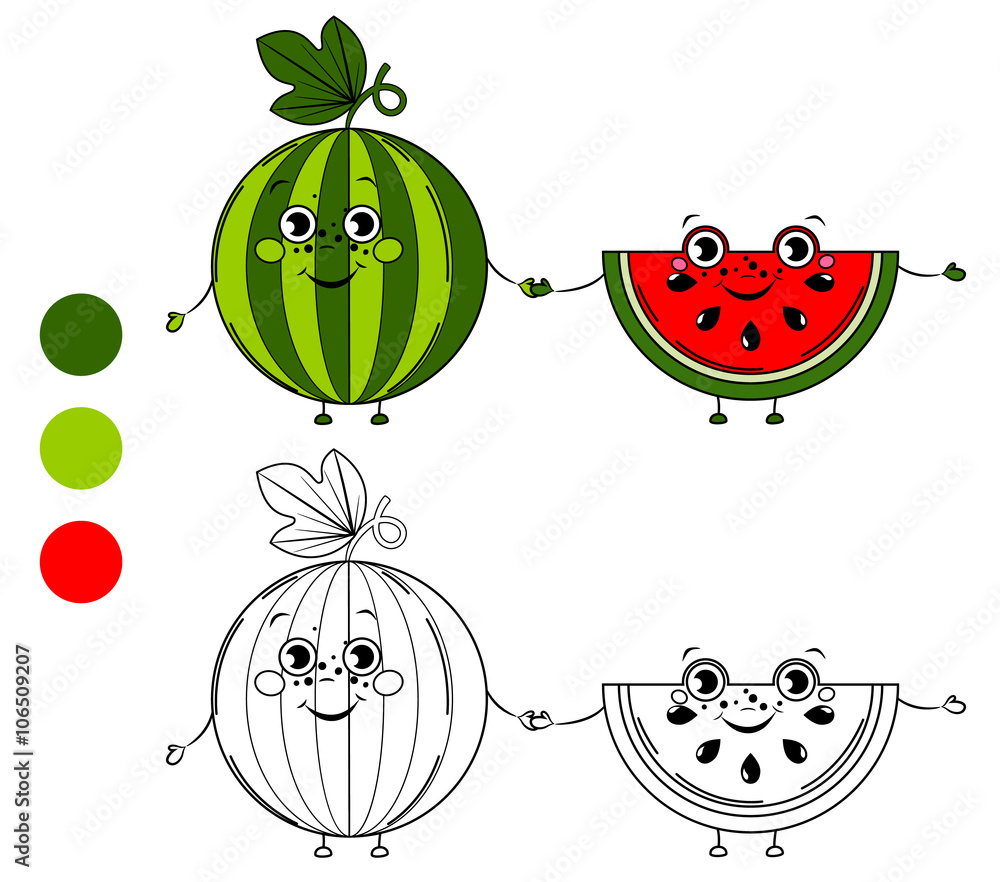 watermelon. Coloring book page. Cartoon vector illustration. Game for ...