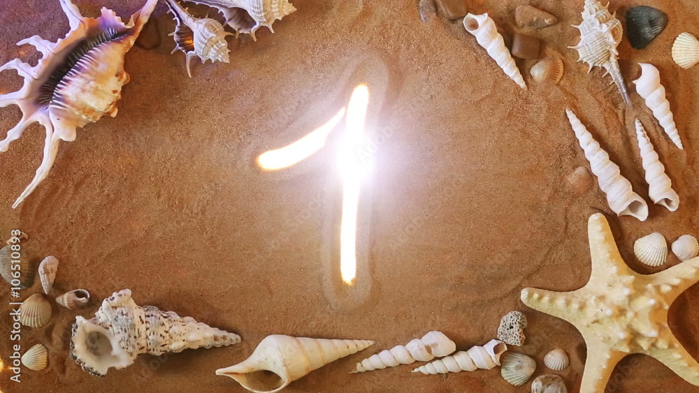 Hand drawing Number one 1 Symbol in the Sand. Beach background. Top ...