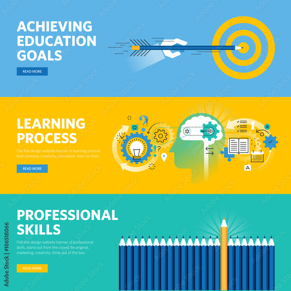 Set of flat line design web banners for education, learning process ...