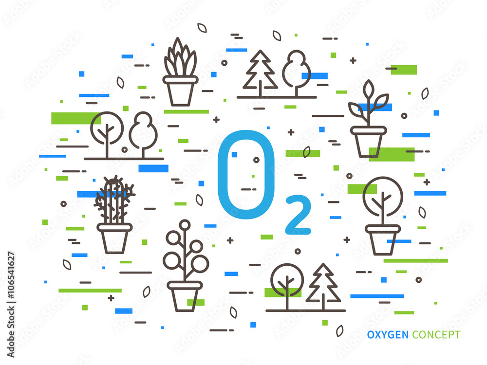 O2 (oxygen) linear vector illustration with house plants. Natural ...