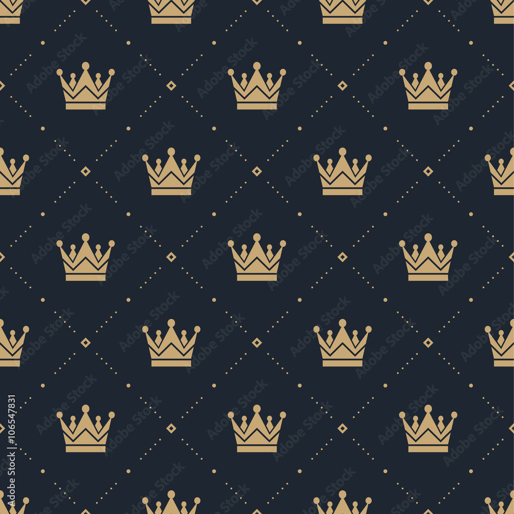 Seamless pattern in retro style with a gold crown on a blue background ...
