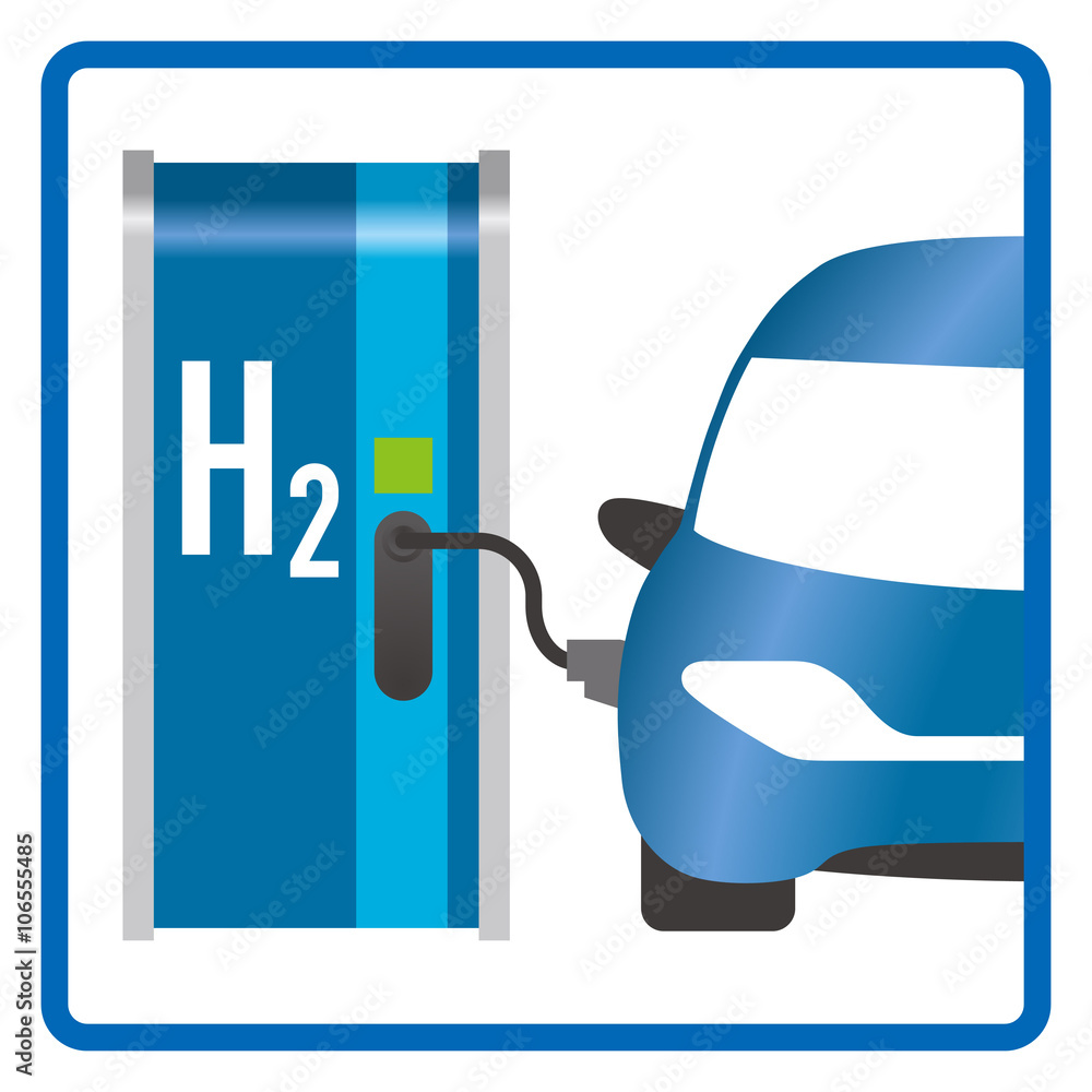 fuel cell vehicle and hydrogen filling station, simple icon, vector ...