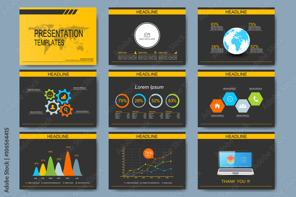 Black and yellow set of vector templates for multipurpose presentation ...