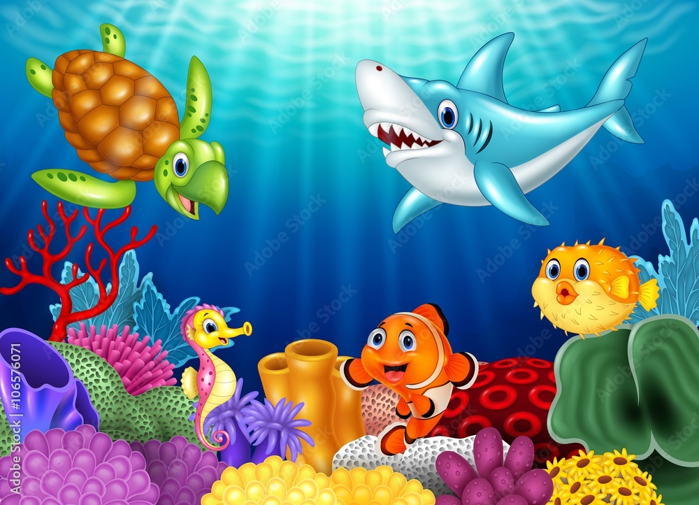 Cartoon tropical fish and beautiful underwater world with corals Stock ...