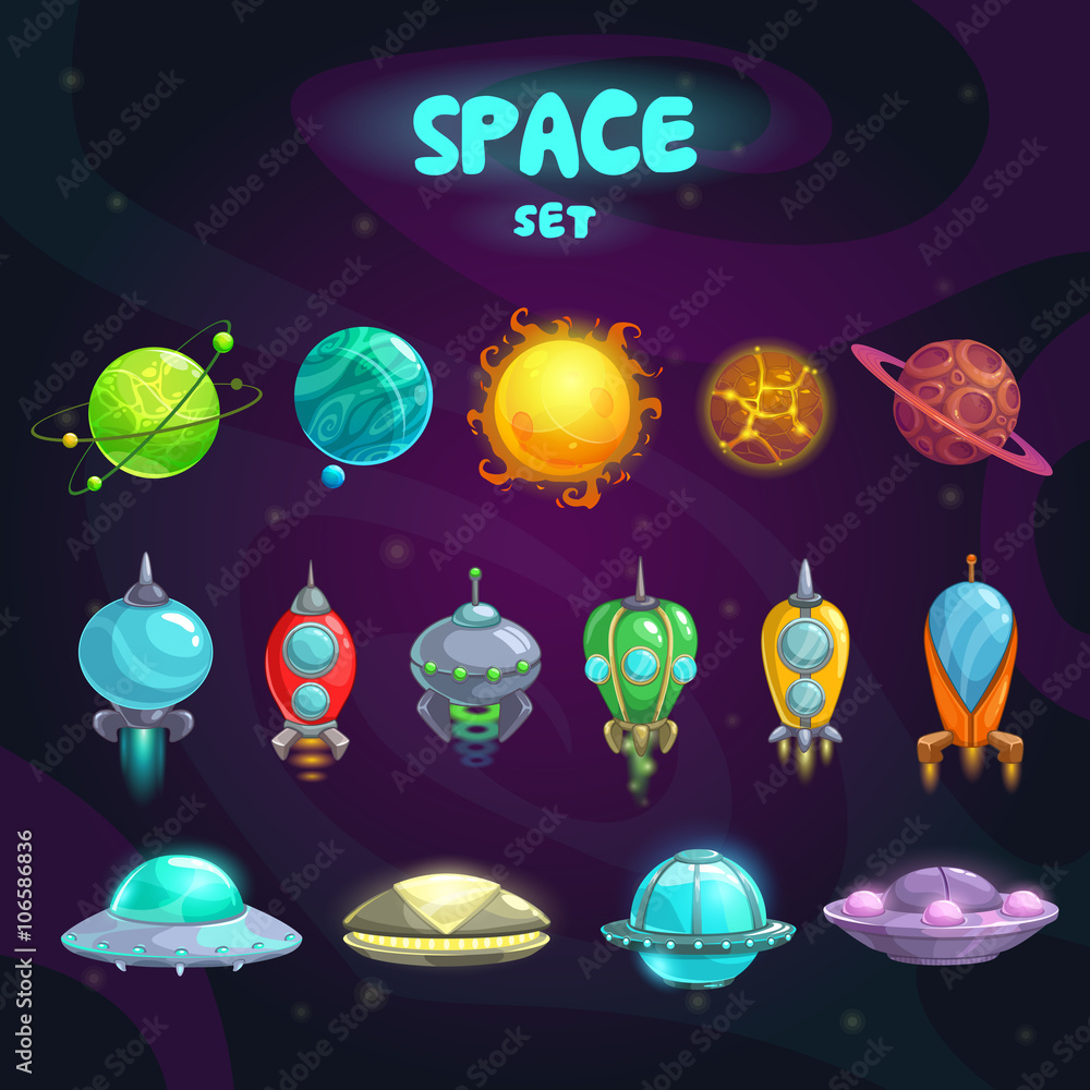 Space cartoon icons set Stock Vector | Adobe Stock