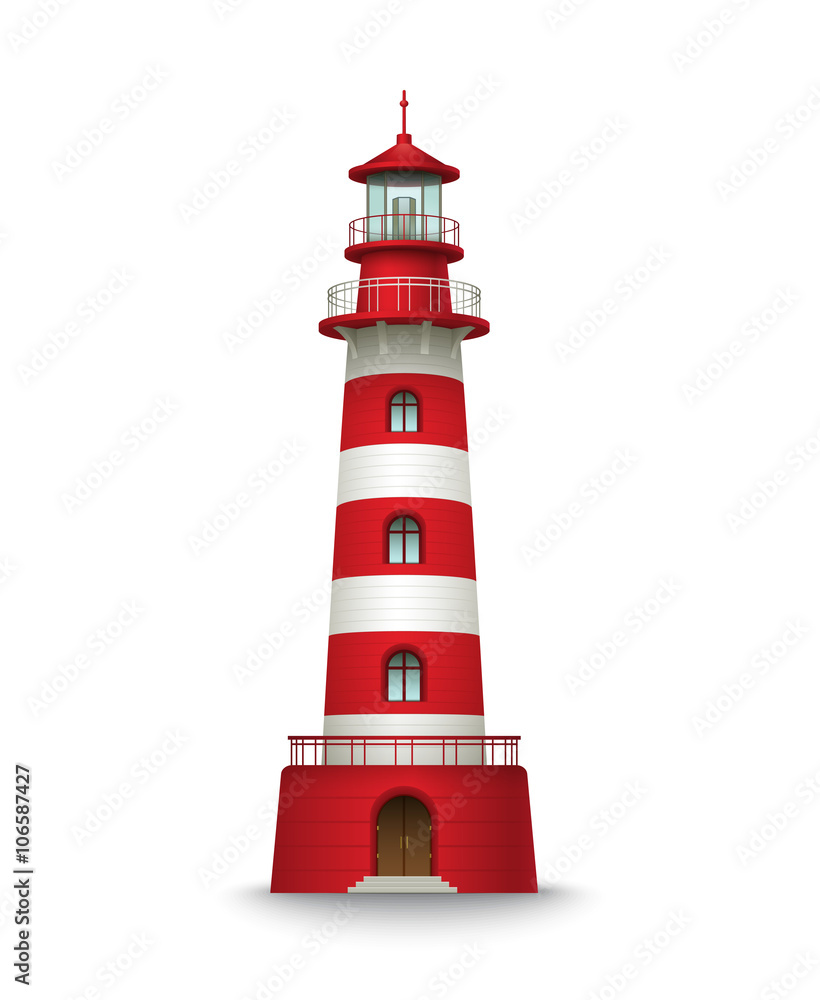 Realistic red lighthouse building isolated on white background. Vector ...