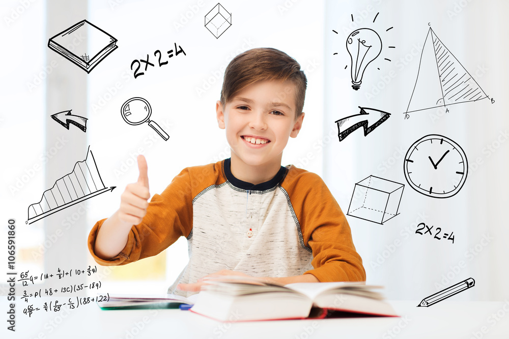 happy student boy with textbook showing thumbs up Stock Photo | Adobe Stock