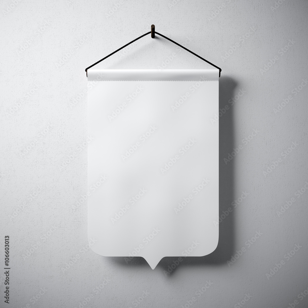 Blank white pennant hanging concrete wall. Ready for your business ...