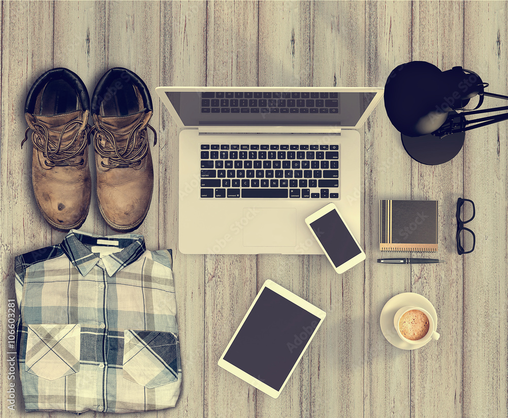 Top view office desk hero header for responsive webdesign. Letterhead ...