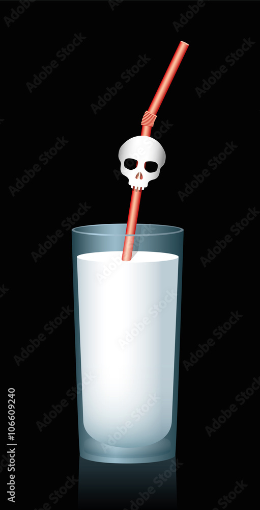 Milk Dangers - Glass of milk with skull on a red straw, as a warning ...